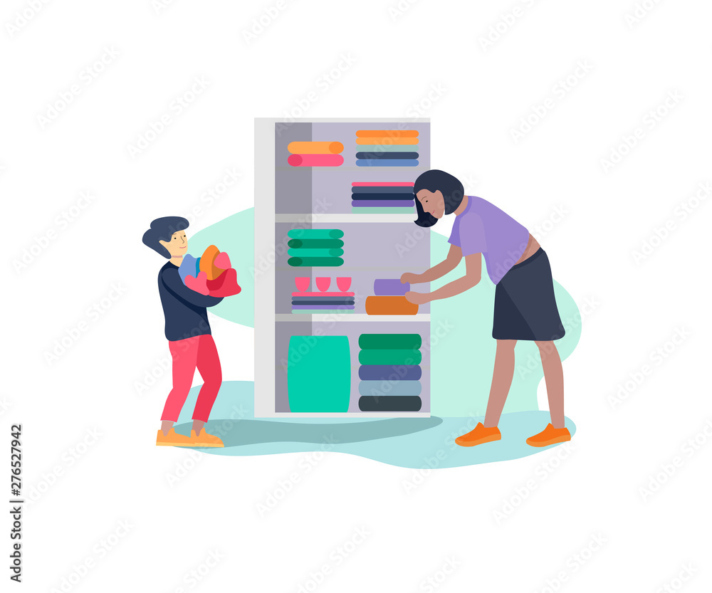 Scenes with the family doing housework, child boy helping mother clean ...