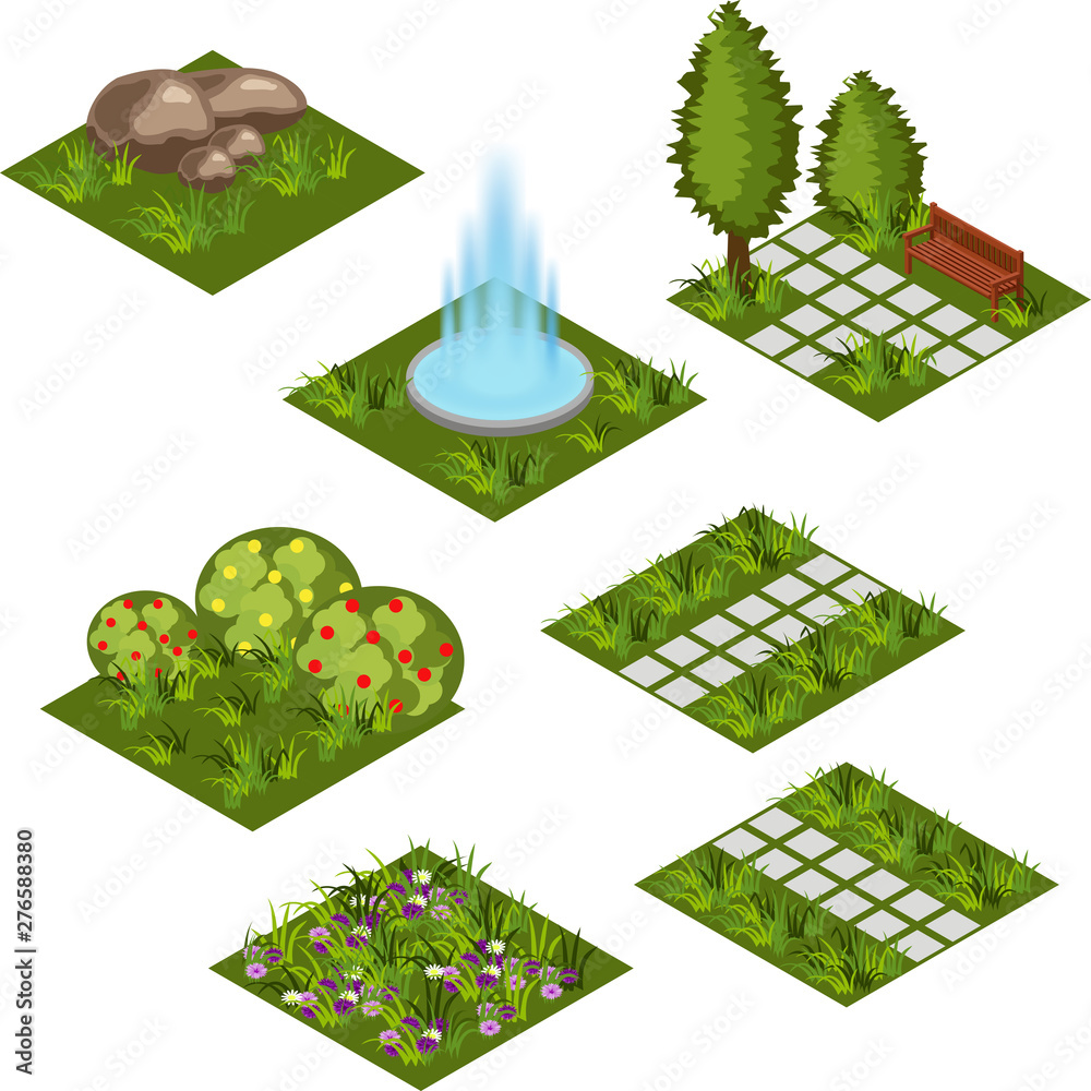 Garden isometric tile set. Isolated isometric tiles to design garden ...