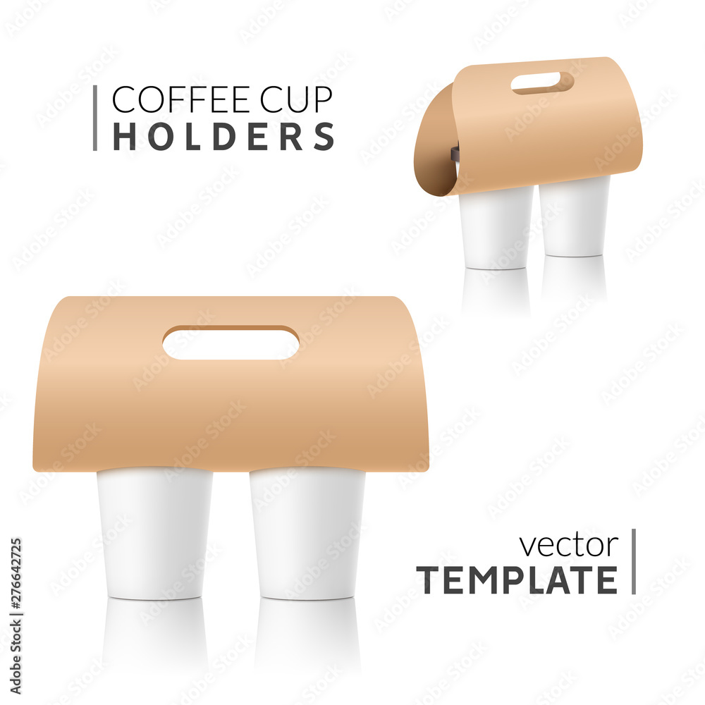 Coffee cup holder paper design. Beverage drink handle mockup. Cardboard ...