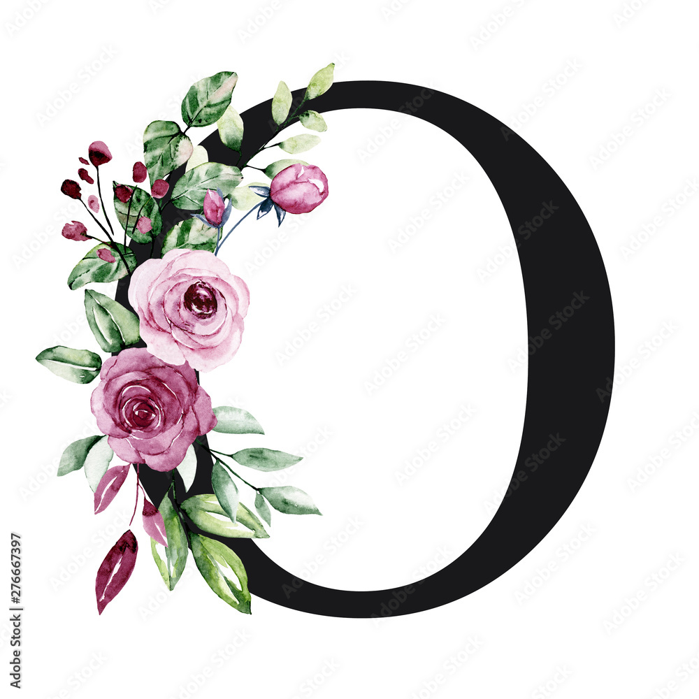 Floral alphabet, letter O with watercolor flowers and leaves. Monogram ...