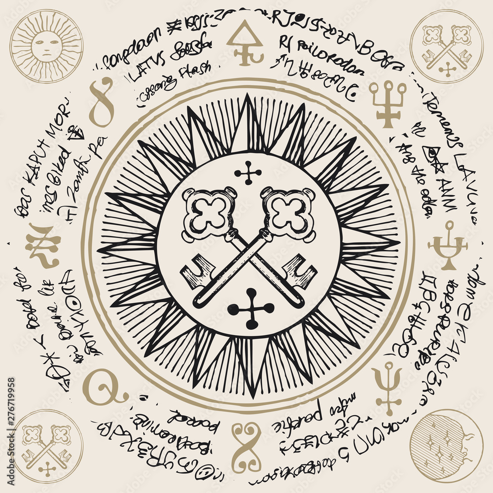 Illustration with old hand-drawn keys and handwritten magic ...