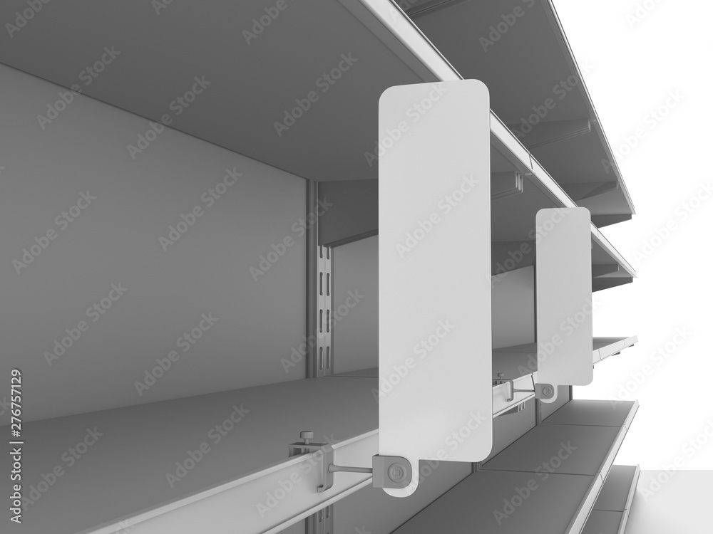 Supermarket Shelves With Attached Banner Or Wobbler. Blank Shelf Flag ...