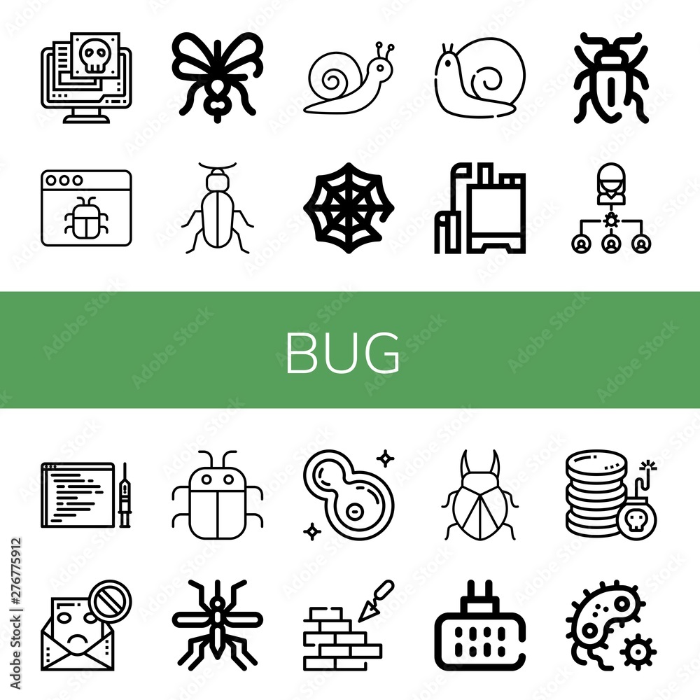 Set of bug icons such as Virus, Malware, Mosquito, Beetle, Snail, Spider web, Pesticide, Sap ...