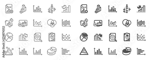 Charts and Diagrams line icons. Report, 3D Chart, Block diagram and Dot ...