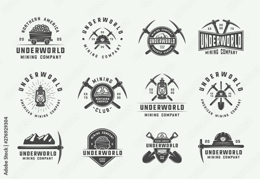 Set of retro mining or construction logos, badges, emblems and labels ...