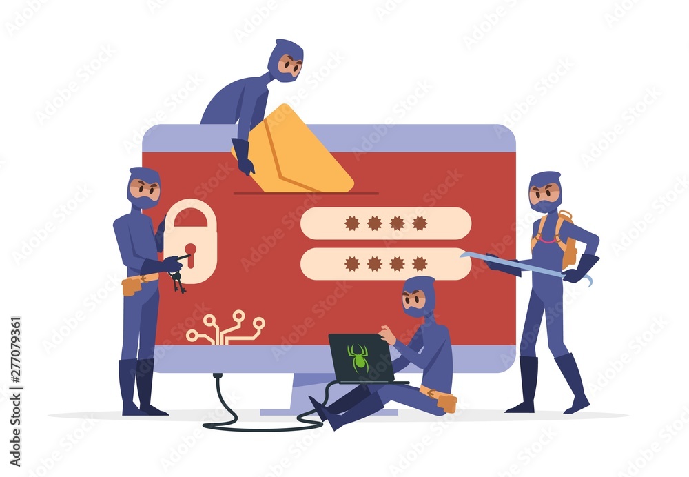 Cartoon hackers concept. Criminal person in black clothes stealing ...