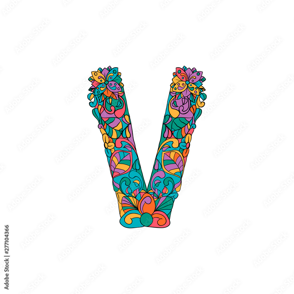 Colorful Floral Ornamental Alphabet, Initial Letter V Font. Vector ...