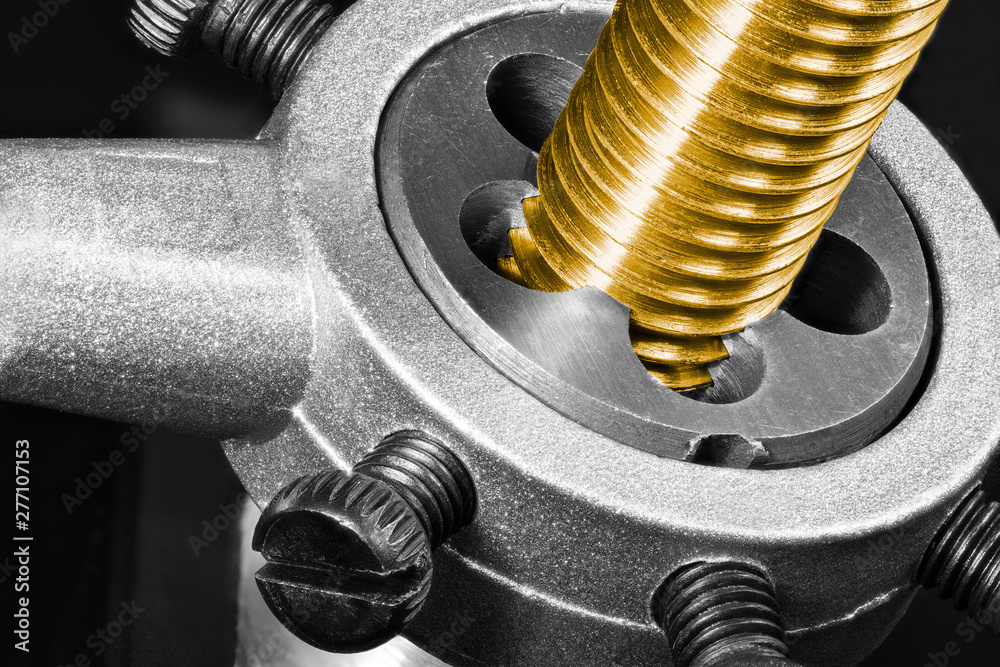 Fotografie Bronze bolt shaft. Threading die detail in metallic tap ...