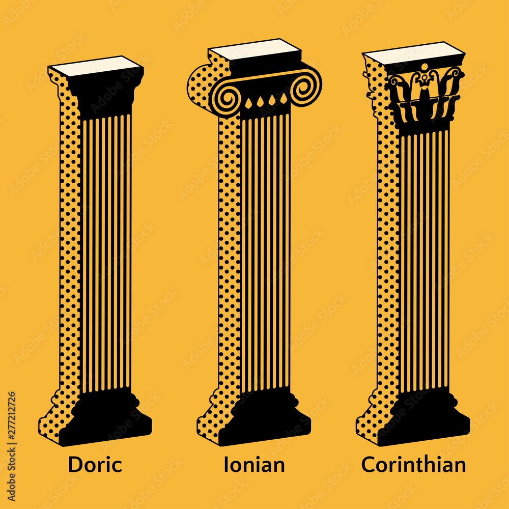 Set of isometric icons of Antique Greek columns in retro style. Types ...