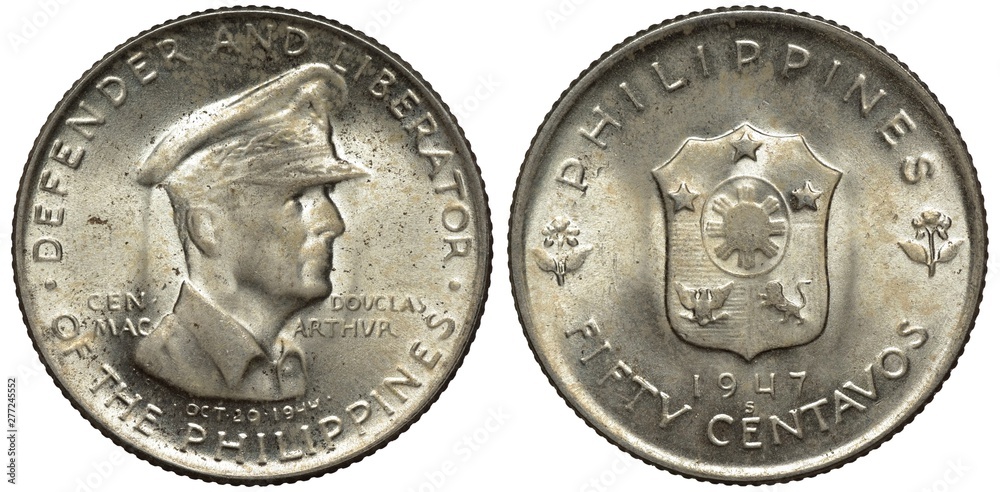 The Philippines Philippine silver coin 50 fifty cents 1947, subject ...