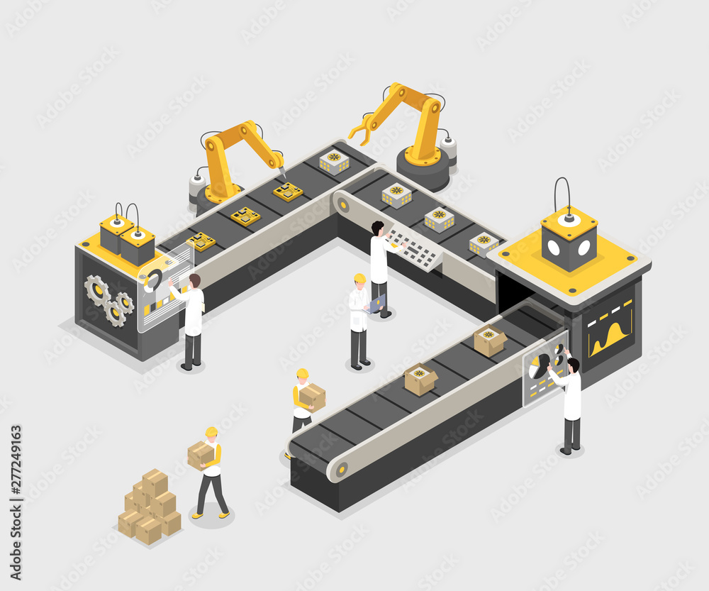 Autonomous, programmed production line with workers. Modern factory ...