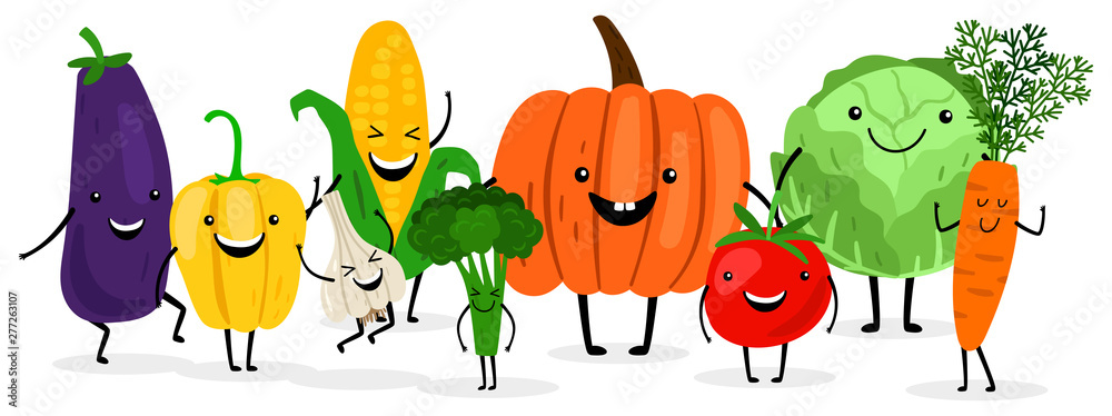 Cute cartoon vegetables isolated on white backgroung. Harvest season ...