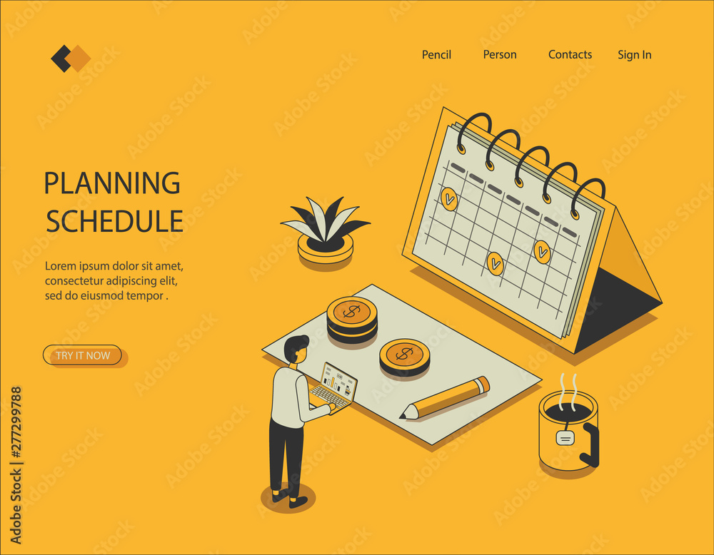 Isometric image on a yellow background scheduling. Visualization of the ...