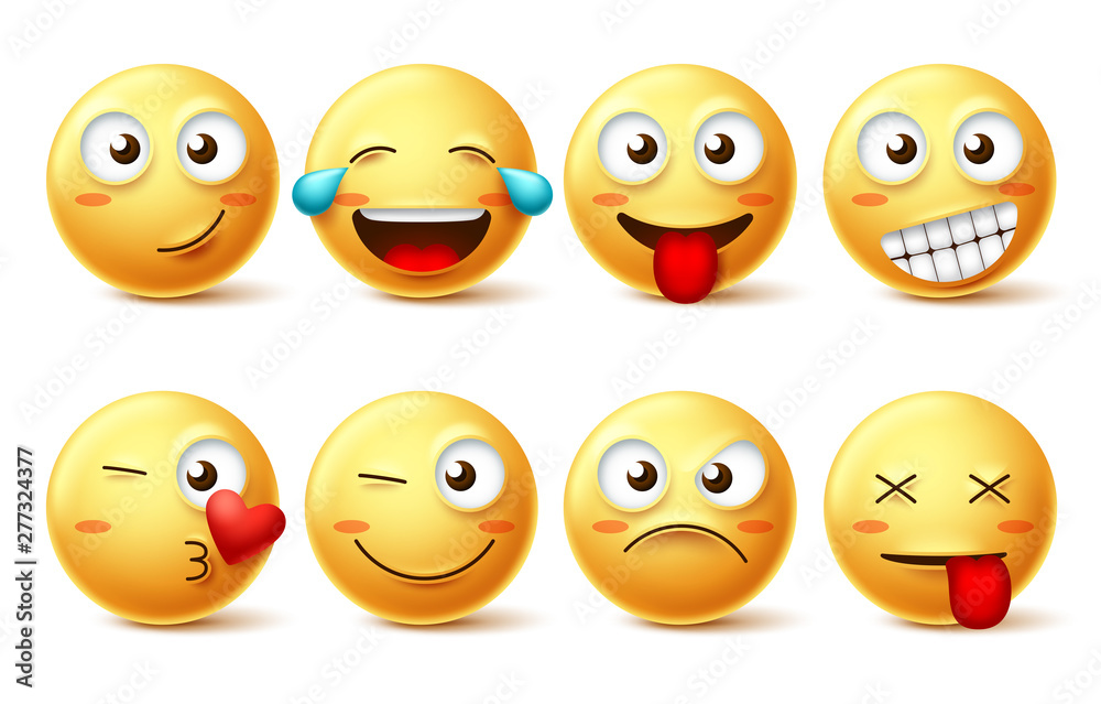 Smiley face vector set. Smileys yellow emoji with happy, funny, kissing ...