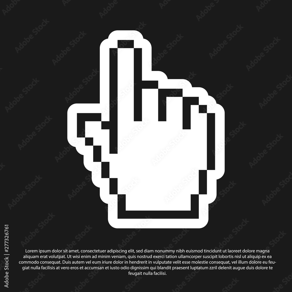Black Pixel hand cursor icon isolated on black background. Pointer hand cursor. Vector ...