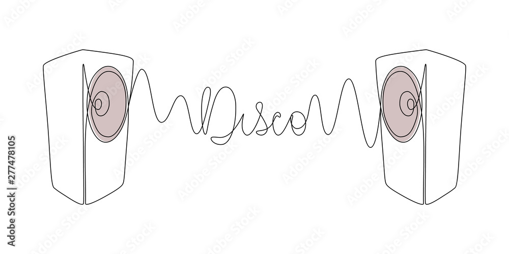 Sound wave between two music speakers in one line art drawing style ...