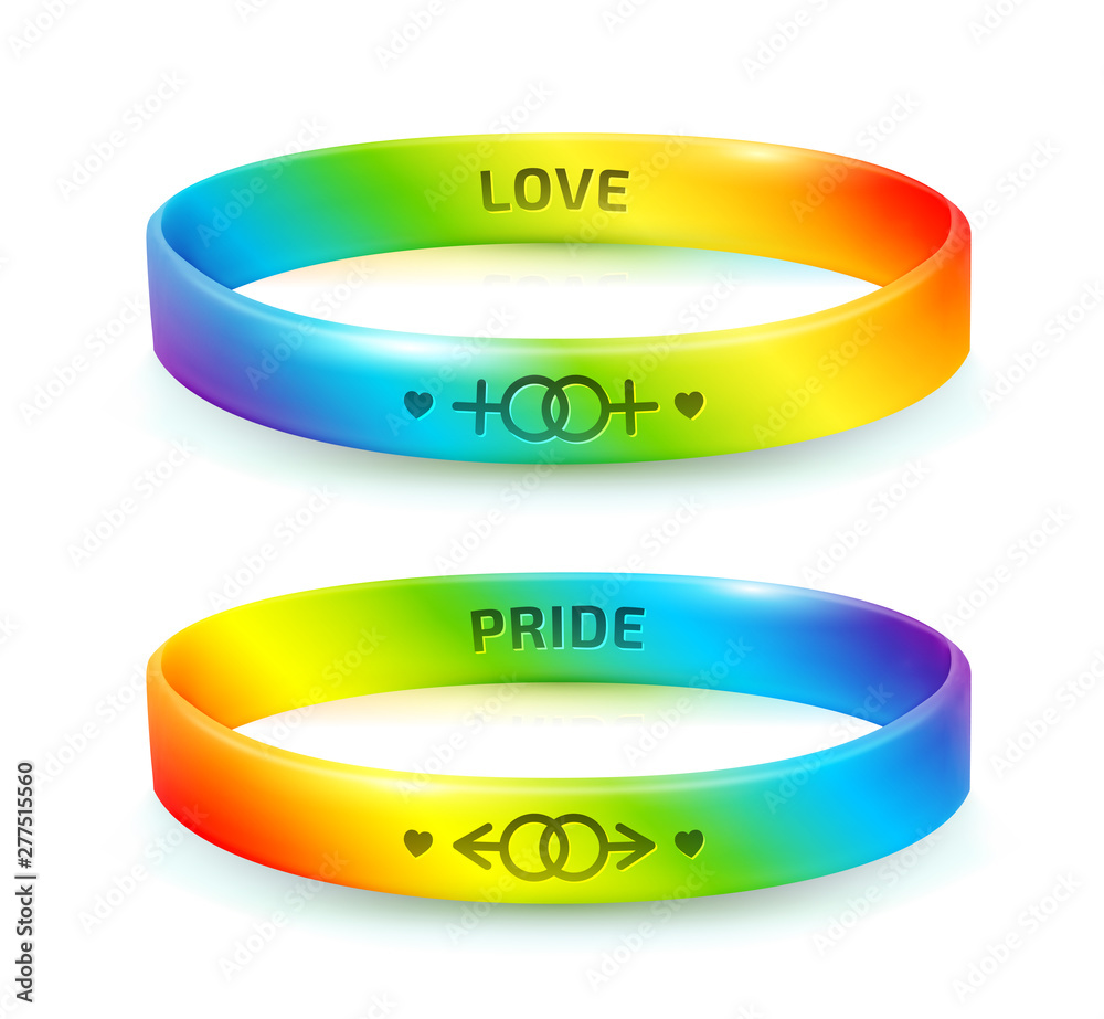 LGBT Pride concept. Two rainbow rubber bracelets for homosexual people ...