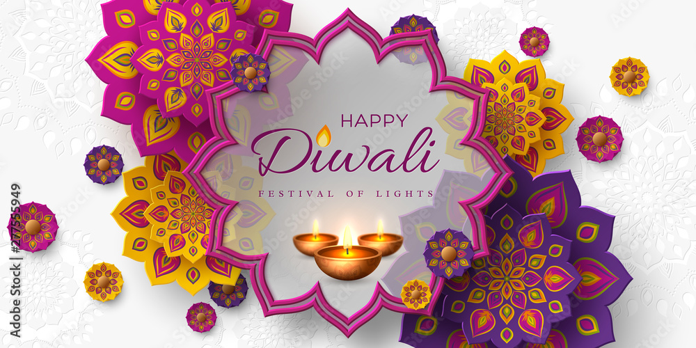 Diwali festival of lights holiday design with paper cut style of Indian ...