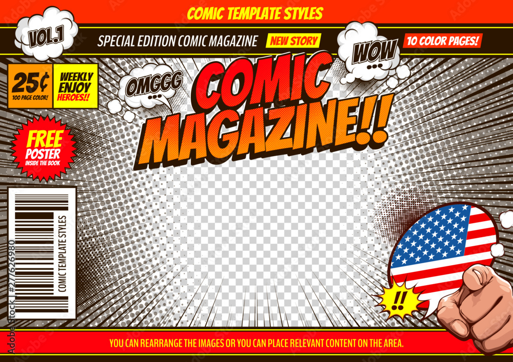 comic cover template background, flyer brochure speech bubbles, doodle ...