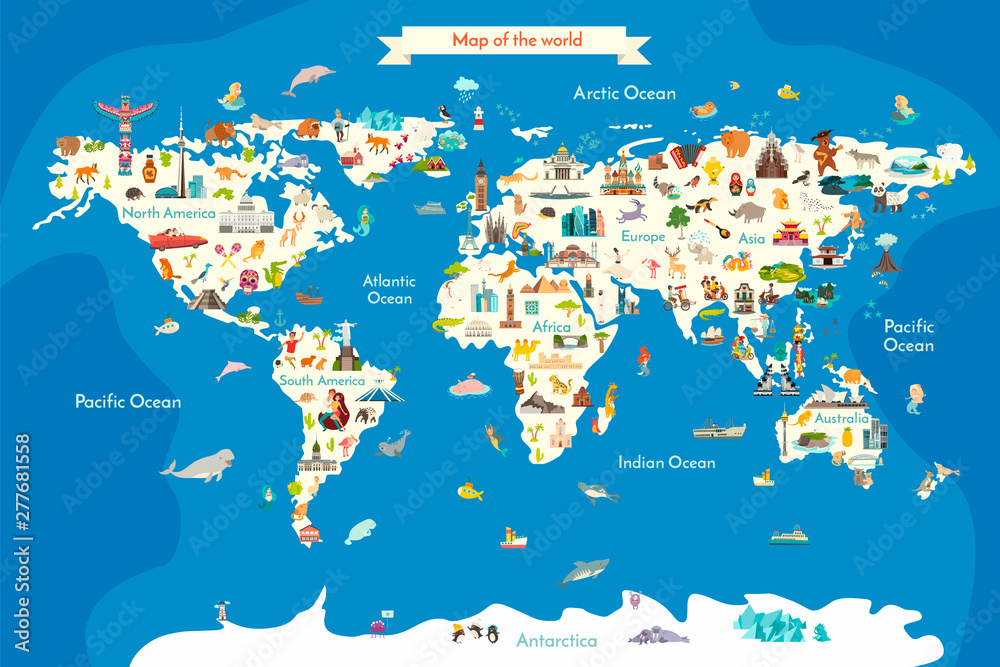 Animals world landmarks map for kid. World vector poster for children ...