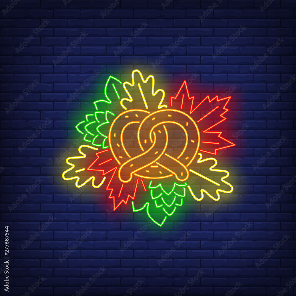 Pretzel and autumn leaves neon sign. Oktoberfest, appetizer, party ...