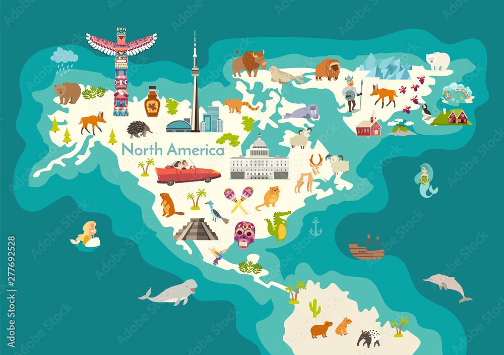 Animals world map, North America with landmarks. Colorful cartoon ...