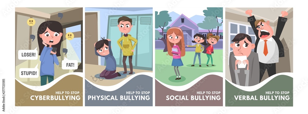 Stop bullying posters set. Bullying types concepts in cartoon style ...