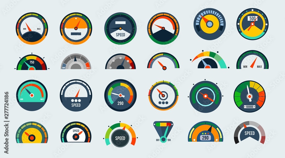 Speedometers vector collection with different style and signs. Customer ...