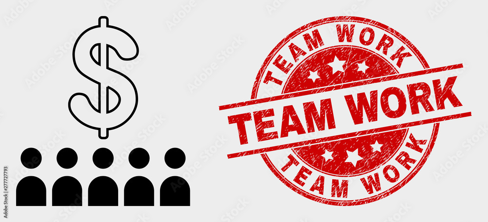 Vector bank clients icon and Team Work seal. Red rounded distress seal ...