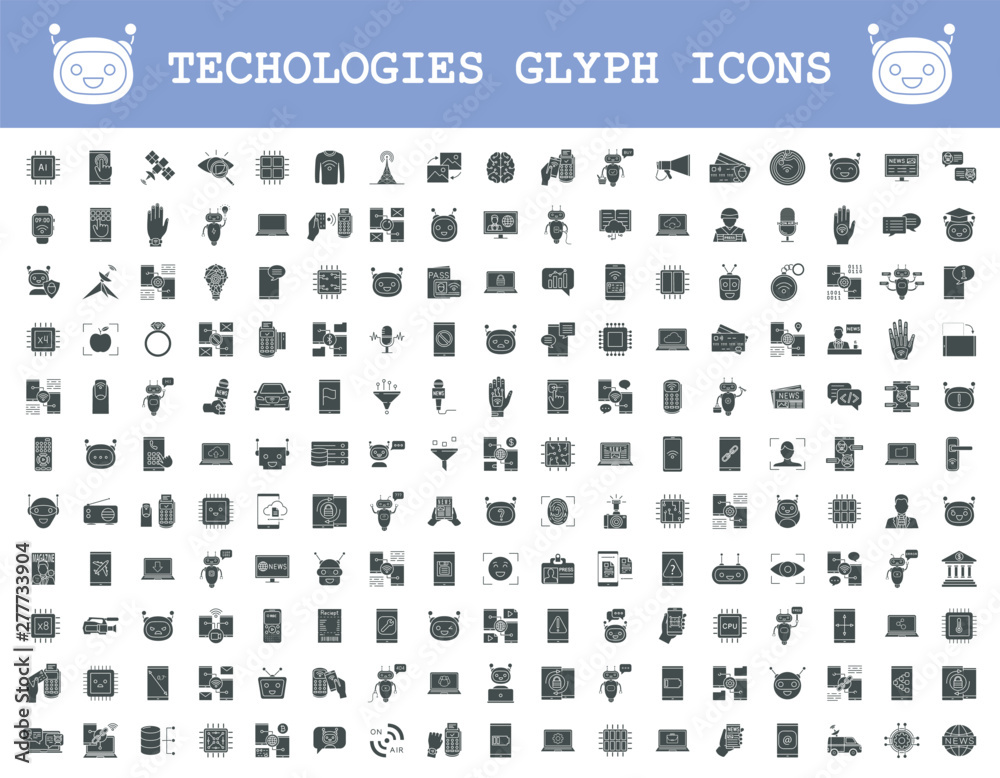 Technologies glyph icons big set. Artificial intelligence, robots and ...