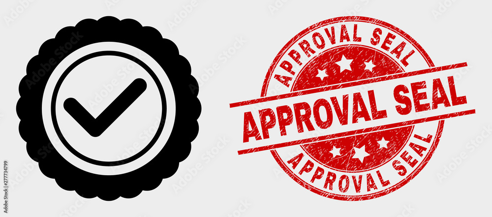 Vector approve seal pictogram and Approval Seal stamp. Red rounded ...