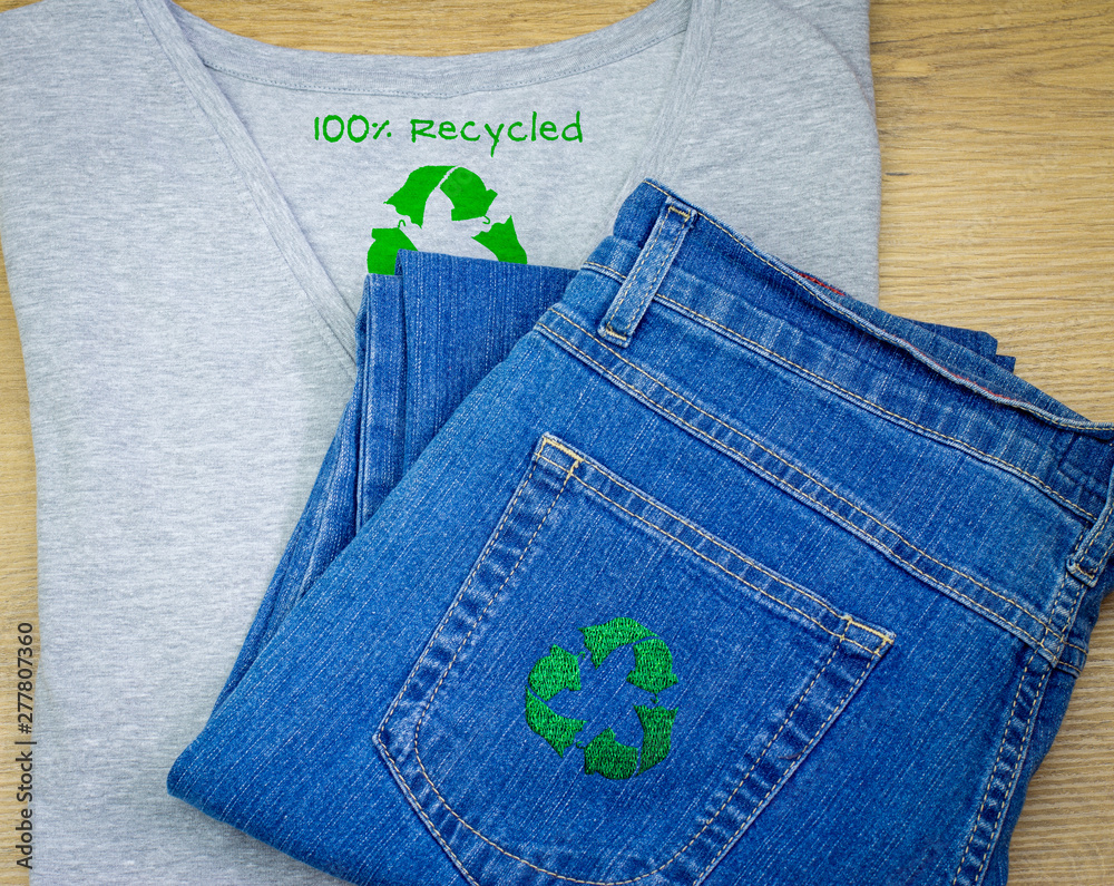 Jeans and T shirt with recycle textiles logo, concept illustration ...