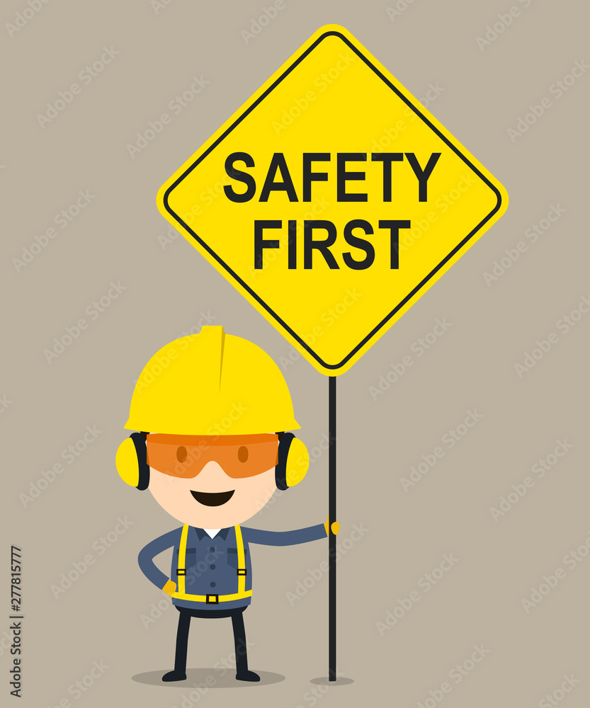 เวกเตอร์ Stock Worker holding safety first sign, Vector illustration ...