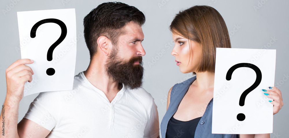 Confused couples with question marks. Conflict between two people ...