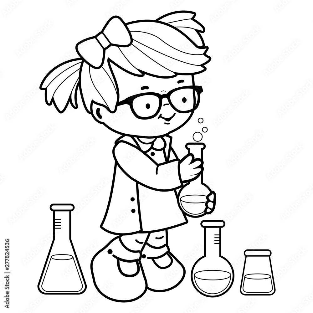 Girl using chemistry test tubes and doing science experiments. Vector ...