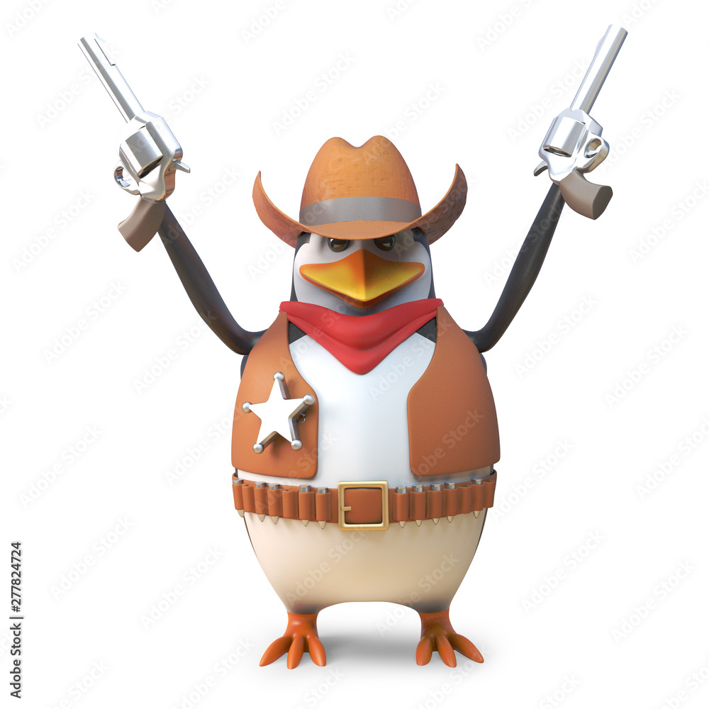 Sheriff penguin the brave western cowboy firing both his pistols in the ...