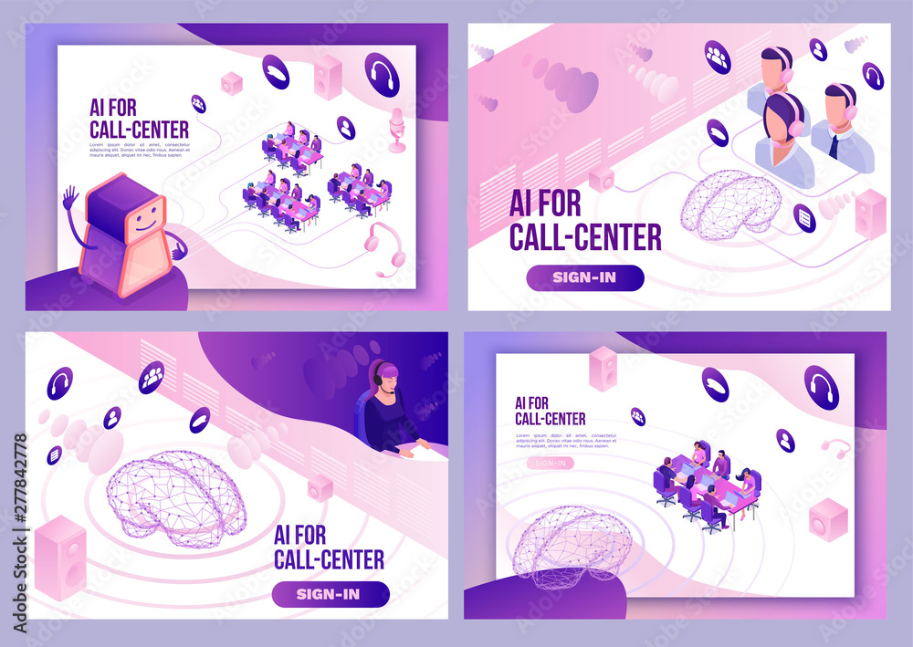 Artificial intelligence manages call center, isometric 3d vector ...