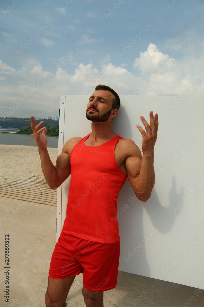 Foto de Stock Summer, muscular, beach, resort, hotel, sexy, guy, relax, abs, chest, man, fitness ...