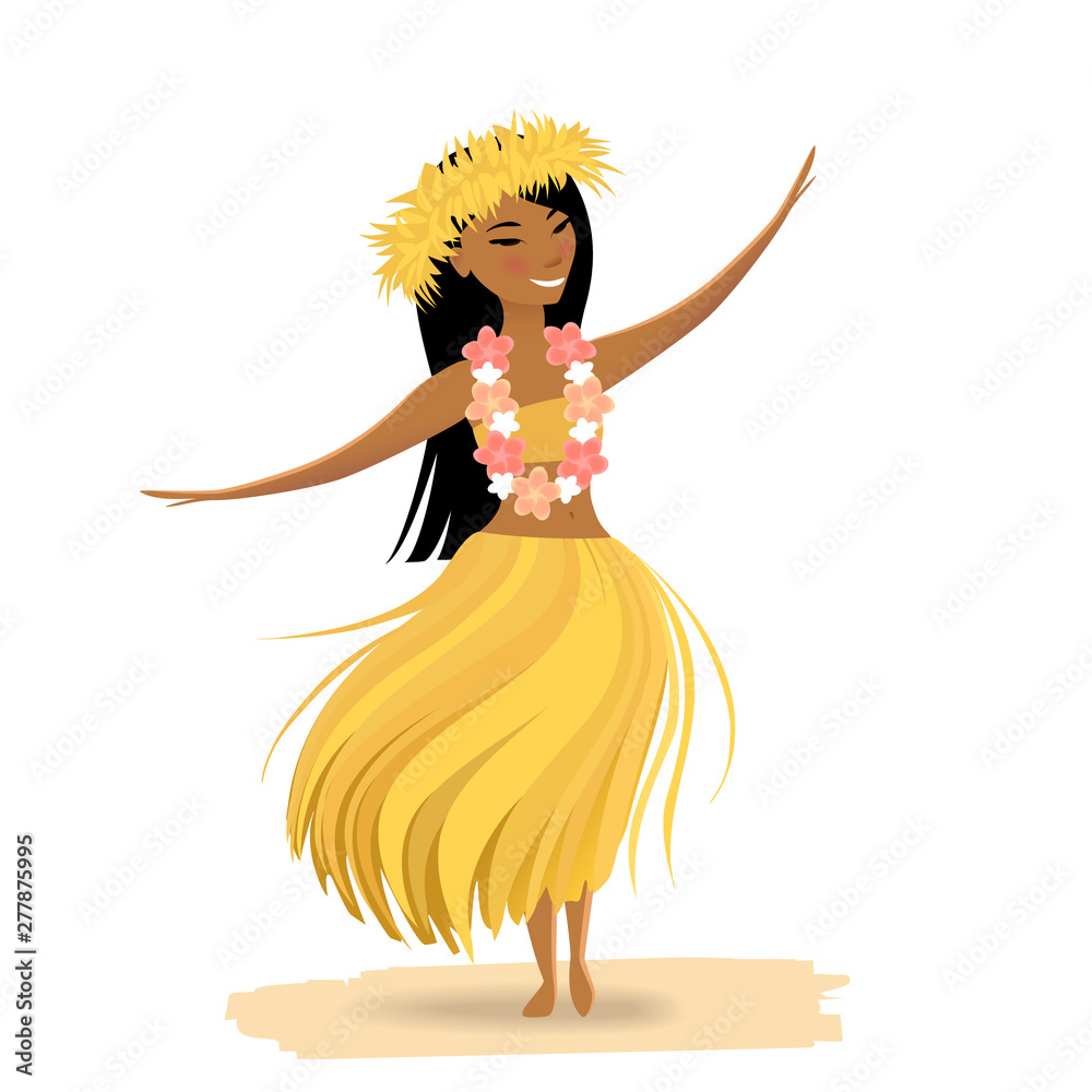 Hawaiian girl dancing hula isolated on white background. Cute ...