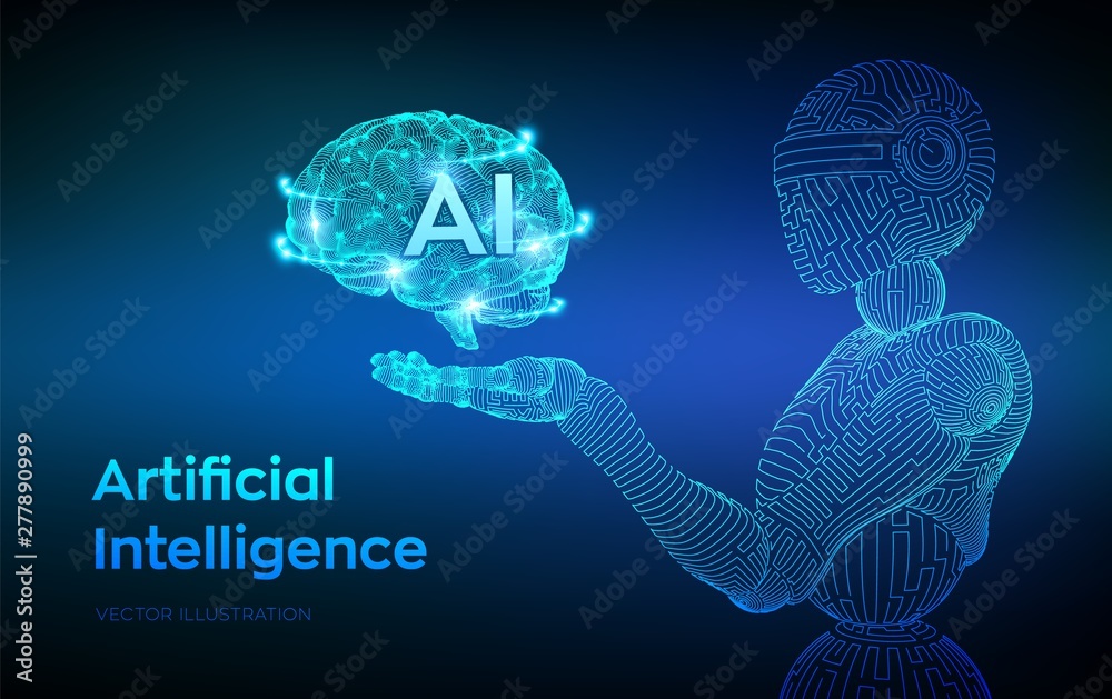 AI. Artificial intelligence. AI in the form of cyborg or bot. Wireframe robot. Digital brain ...
