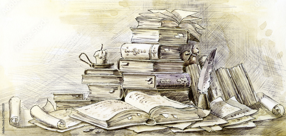 Ancient tomes and scrolls. Open book. Antiquarian book. Ink drawing on ...