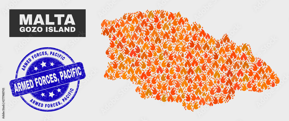Vector composition of flamed Gozo Island map and blue rounded textured ...