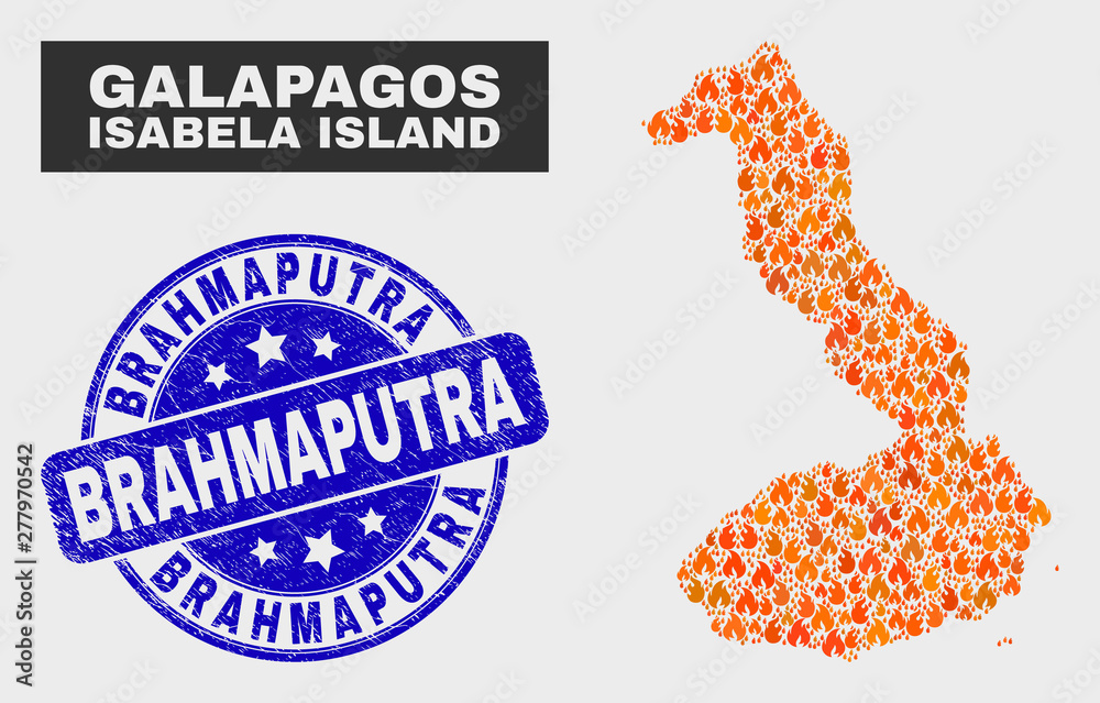 Vector composition of burn Isabela Island of Galapagos map and blue ...