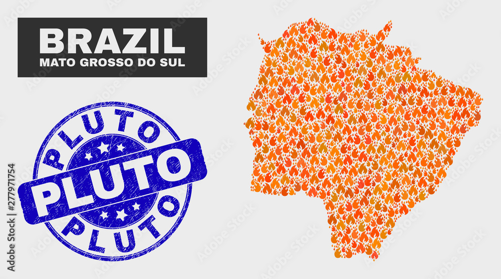 Vector composition of wildfire Mato Grosso do Sul State map and blue round textured Pluto stamp ...