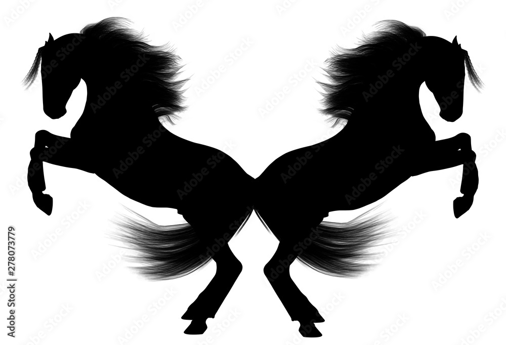 An illustration of two rearing horses back to back in a silhouette on a ...