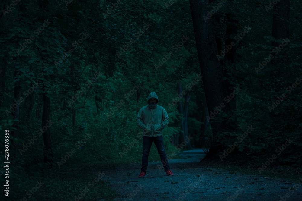 Scary dark male figure in a hoodie standing on the path in the forest ...