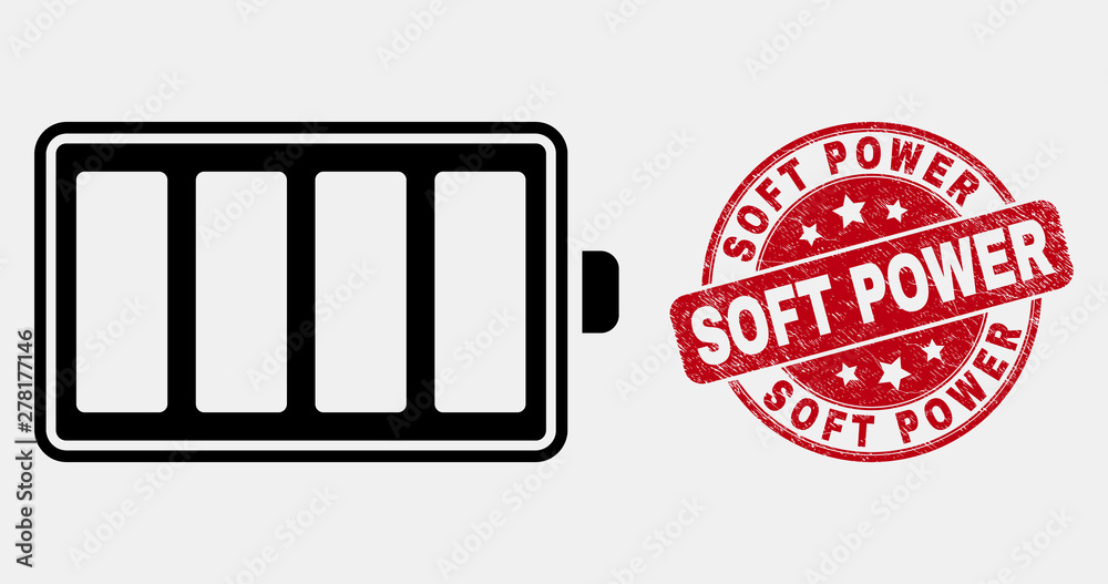 Vector outline electric battery pictogram and Soft Power seal. Blue ...