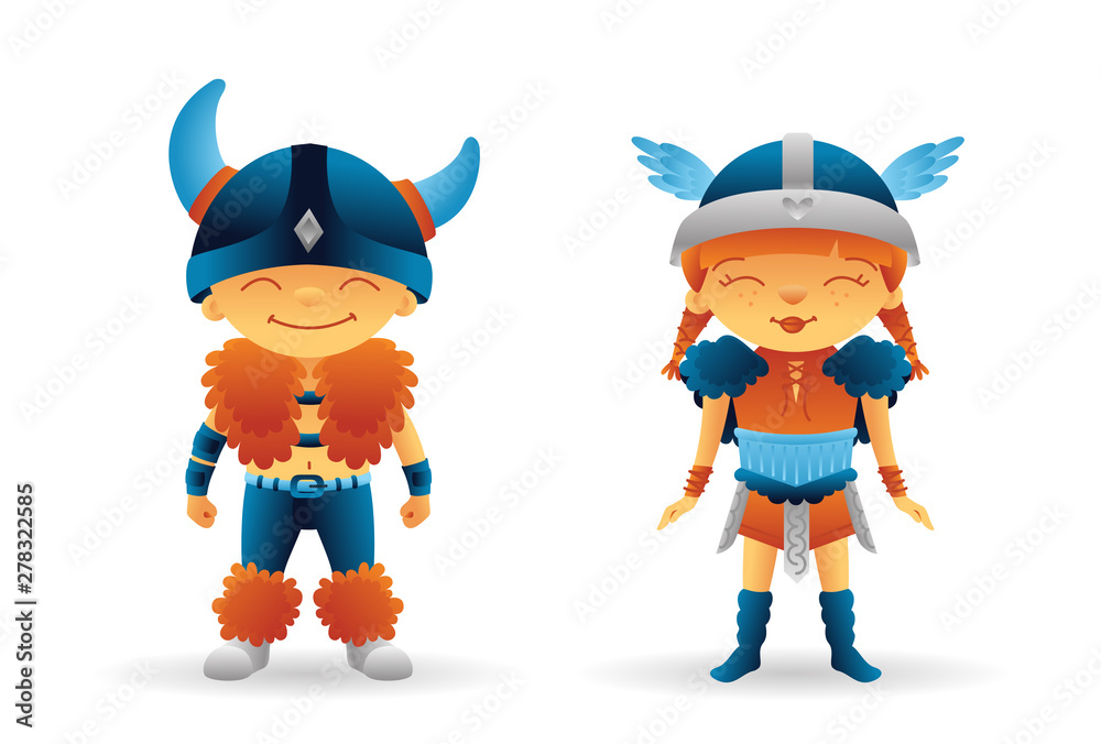 Cartoon vikings set cute color characters in scandinavian costume ...