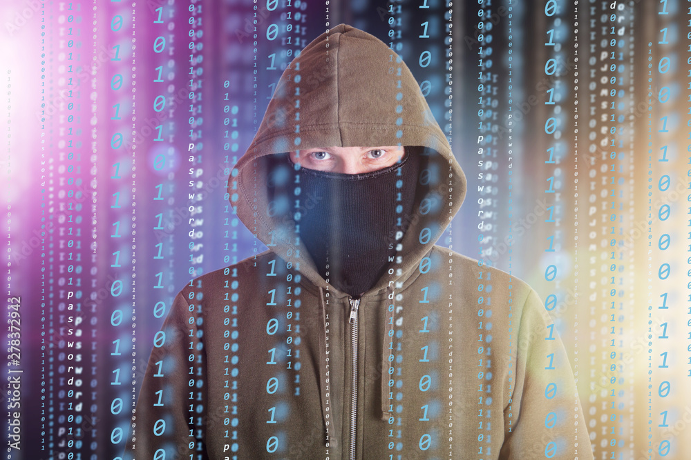 Hackers programmer look on screen and writes the program code hack ...