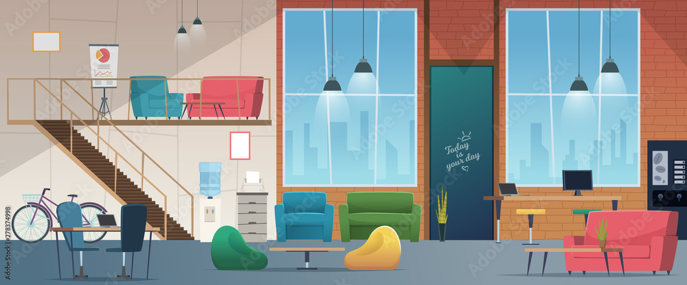 Coworking workspace. Modern freelancers office working people in open ...